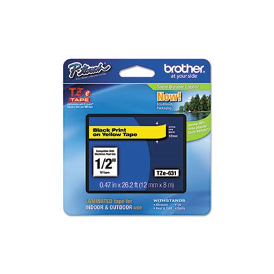 LABELING TAPE, TZe Standard Adhesive, Laminated, .5"w, Black on Yellow